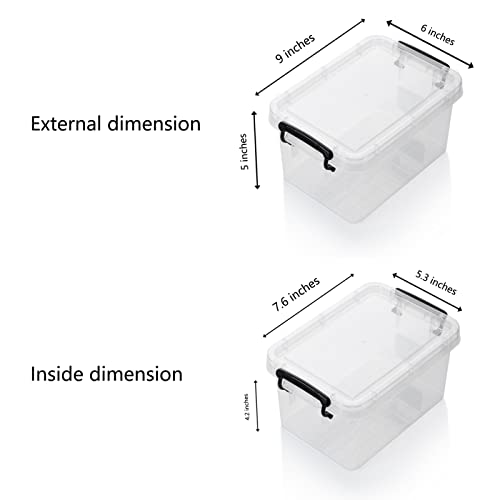 Berdeng Small Plastic Storage Bins with Lids, 3 Quart Small Storage Latch Box, Stackable and Nestable,6 Pack, Clear with Black Buckle