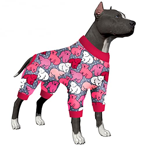 LovinPet Clothes for Big Dogs - Anxiety Relief Shirt, Dog Sun Protection, Post Surgery Recovery Pajamas for Dogs, Comfy Stretchy Fabric, Polar Fleece Polka Dot Bear Pink Print, Large Dog Pjs,Red M