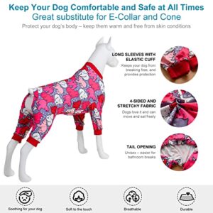 LovinPet Clothes for Big Dogs - Anxiety Relief Shirt, Dog Sun Protection, Post Surgery Recovery Pajamas for Dogs, Comfy Stretchy Fabric, Polar Fleece Polka Dot Bear Pink Print, Large Dog Pjs,Red M