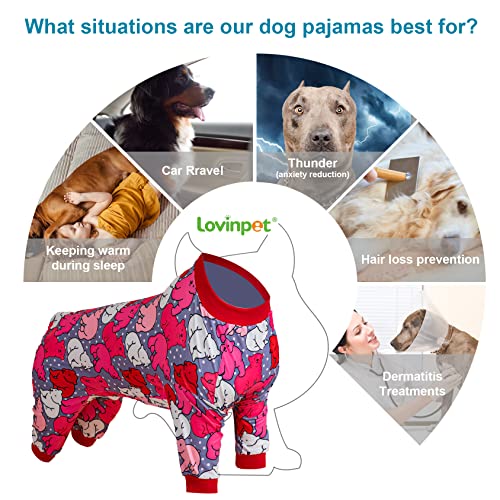 LovinPet Clothes for Big Dogs - Anxiety Relief Shirt, Dog Sun Protection, Post Surgery Recovery Pajamas for Dogs, Comfy Stretchy Fabric, Polar Fleece Polka Dot Bear Pink Print, Large Dog Pjs,Red M