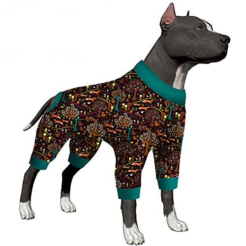 LovinPet Large Dog Clothing - Comfy Lightweight Stretchy Fabric, Norwegian Woods Print Dog Pajamas, UV Protection, Surgery Recovery Outfit for Dogs, Easy to Wear Adorable Dog Clothes, Brown Blue M