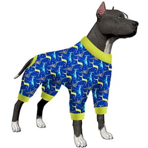 lovinpet clothes for female doberman dogs - pet anxiety calming dog jammies for after surgery, lightweight fabric, blue dragon print, large dog pjs,long-sleeved 4 leg style pullover dog onesie,blue xl