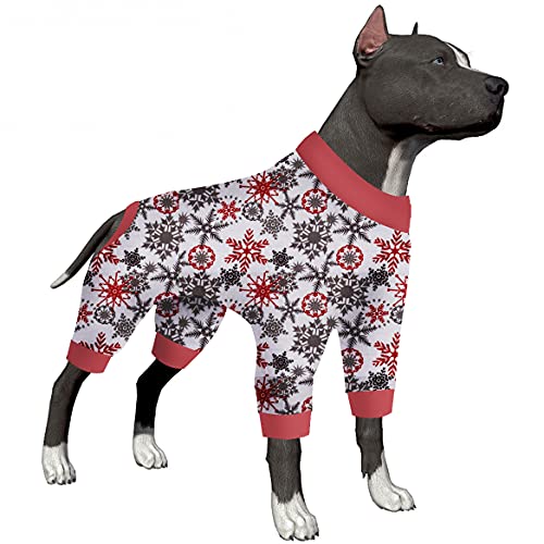 LovinPet Pitbull Dog Pjs - Anti Licking & Anxiety Calming Dog Clothes, Comfy Lightweight Stretchy Fabric, Scarlet Ice Crystals Print, Large Dog Pjs, Pitbull Costume for Parties,Red L