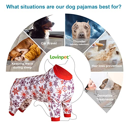 LovinPet Pitbull Dog Pjs - Anti Licking & Anxiety Calming Dog Clothes, Comfy Lightweight Stretchy Fabric, Scarlet Ice Crystals Print, Large Dog Pjs, Pitbull Costume for Parties,Red L