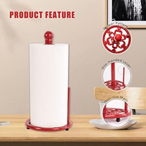 Paper Towel Holder Stand - Vintage Cast Iron Floral Pattern Weighted Base Roll Paper Towel Dispenser for Kitchen Countertop, Easy One Handed Tear Red Paper Towel Holder