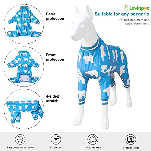 LovinPet Big Dog Winter Pajamas, Dog PJ's with Polar Bear and Snowflake Print, Dog Onesie with Zipper Design for Medium & Large Dogs, Post Surgery Comfy Breatheable PJ's,Blue White L