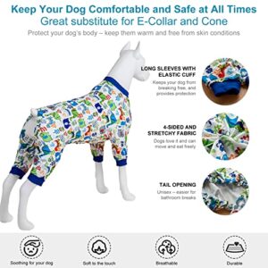 LovinPet Extra Large Dog Clothes - Large Dog Pjs, Lightweight Stretchy Fabric,White Dinosaur Allover Print, Dog Jumpsuit, Pet Anxiety Relief Shirt, Easy to Wear Dog Costume, Party Shirt,Blue Grey 3XL