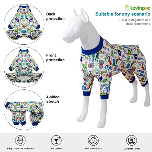 LovinPet Extra Large Dog Clothes - Large Dog Pjs, Lightweight Stretchy Fabric,White Dinosaur Allover Print, Dog Jumpsuit, Pet Anxiety Relief Shirt, Easy to Wear Dog Costume, Party Shirt,Blue Grey 3XL