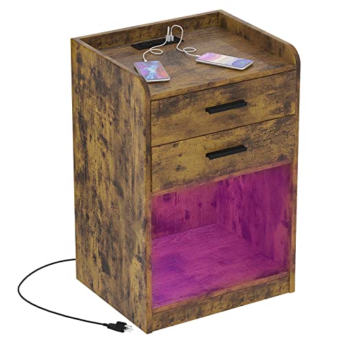 Visionwards Nightstand with Charging Station and LED Lights, End Side Table with 2 Drawers and Cabinet, Rustic Bedside Table for Bedroom, Rustic Brown