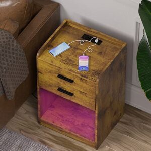 Visionwards Nightstand with Charging Station and LED Lights, End Side Table with 2 Drawers and Cabinet, Rustic Bedside Table for Bedroom, Rustic Brown