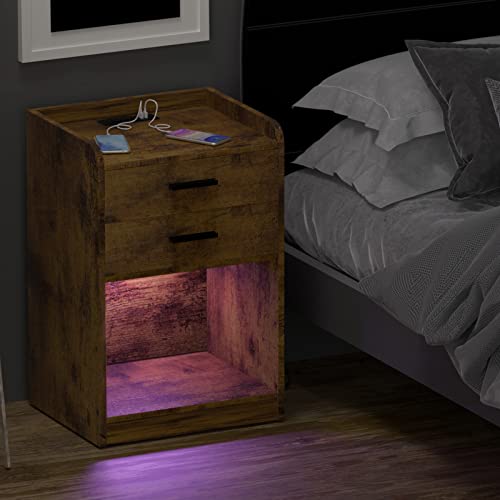 Visionwards Nightstand with Charging Station and LED Lights, End Side Table with 2 Drawers and Cabinet, Rustic Bedside Table for Bedroom, Rustic Brown