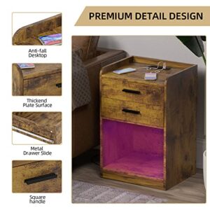 Visionwards Nightstand with Charging Station and LED Lights, End Side Table with 2 Drawers and Cabinet, Rustic Bedside Table for Bedroom, Rustic Brown