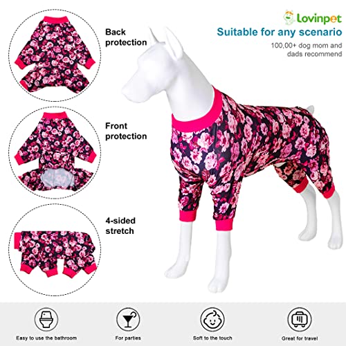 LovinPet Puppy Surgical Pajamas for Girls Dogs - Pet Anxiety Relief Onesies, Comfy Stretchy Fabric, Berry Roses Print, Big Dog Surgery Recovery Pajamas, Girl or Boy Dog Party Apparel,Pink XXL