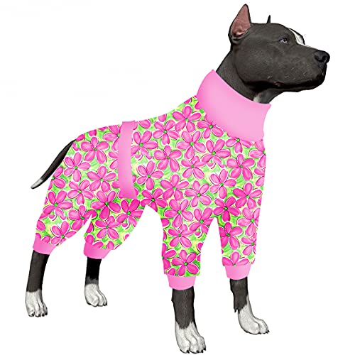 LovinPet Pitbull Pet Outfit, Post Surgery Recovery Pajamas for Dogs, Reflective Stripe, Full Coverage Dog Onesie, Breathable & Stretchy Fabric, Pink Daisy Print, Pajamas for Big Dogs,Pink/Green XXL