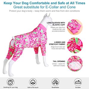 LovinPet Pitbull Pet Outfit, Post Surgery Recovery Pajamas for Dogs, Reflective Stripe, Full Coverage Dog Onesie, Breathable & Stretchy Fabric, Pink Daisy Print, Pajamas for Big Dogs,Pink/Green XXL