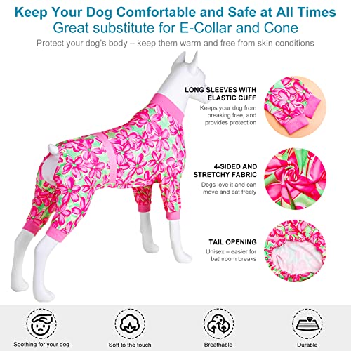 LovinPet Pitbull Pet Outfit, Post Surgery Recovery Pajamas for Dogs, Reflective Stripe, Full Coverage Dog Onesie, Breathable & Stretchy Fabric, Pink Daisy Print, Pajamas for Big Dogs,Pink/Green XXL