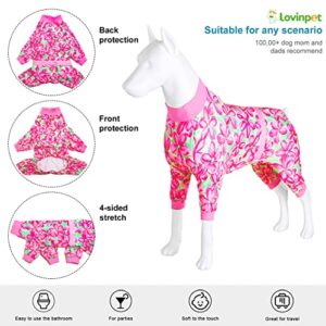 LovinPet Pitbull Pet Outfit, Post Surgery Recovery Pajamas for Dogs, Reflective Stripe, Full Coverage Dog Onesie, Breathable & Stretchy Fabric, Pink Daisy Print, Pajamas for Big Dogs,Pink/Green XXL