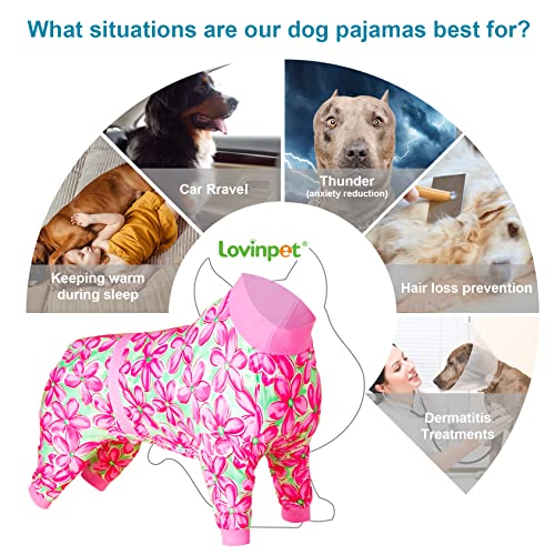 LovinPet Pitbull Pet Outfit, Post Surgery Recovery Pajamas for Dogs, Reflective Stripe, Full Coverage Dog Onesie, Breathable & Stretchy Fabric, Pink Daisy Print, Pajamas for Big Dogs,Pink/Green XXL