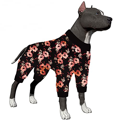 LovinPet Dog Pjs for Large Breed, Long Sleeve Shirts for Dogs, Anti Licking, Wound Care/Surgery Recovery Pajamas, Stretchy Fabric, Floral Tan Print, Large Dog Pjs, Dog Jammies,Floral Black XXL