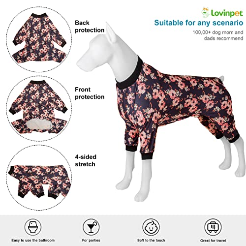 LovinPet Dog Pjs for Large Breed, Long Sleeve Shirts for Dogs, Anti Licking, Wound Care/Surgery Recovery Pajamas, Stretchy Fabric, Floral Tan Print, Large Dog Pjs, Dog Jammies,Floral Black XXL