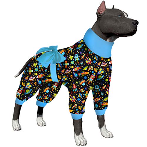 LovinPet Pajamas Dog Clothes - Large Dog Pajamas, Post Surgery Recovery Shirt, Stretchy Fabric, Aim for The Moon Flannel Navy Print, Dog PJ's, Anti Licking, Easy Wear Dog Jammies,Black Blue M