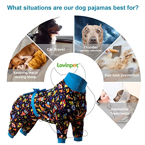 LovinPet Pajamas Dog Clothes - Large Dog Pajamas, Post Surgery Recovery Shirt, Stretchy Fabric, Aim for The Moon Flannel Navy Print, Dog PJ's, Anti Licking, Easy Wear Dog Jammies,Black Blue M