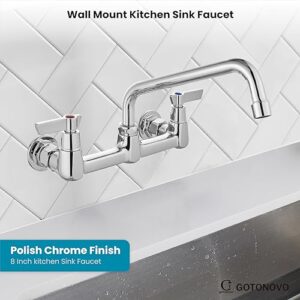 gotonovo Polish Chrome 8 Inch Center 9 Inch Swing Spout Wall Mount Kitchen Sink Faucet Double Handles Kitchen Mixer Tap Commercial Sink Utility Laundry Sink