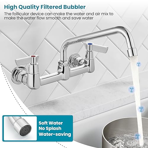 gotonovo Polish Chrome 8 Inch Center 9 Inch Swing Spout Wall Mount Kitchen Sink Faucet Double Handles Kitchen Mixer Tap Commercial Sink Utility Laundry Sink