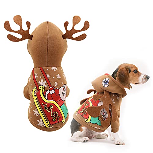 Dog Christmas Costume Antlers Dog Dresses Brown Pet Hoodie Printing Snowflake Santa Reindeer Cat Christmas Holiday Outfit Cotton Pet Fall Winter Clothes Pet Costumes for Small Medium Dogs Cats (M)