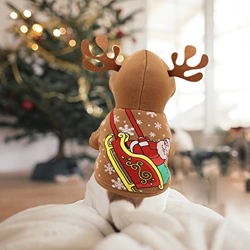 Dog Christmas Costume Antlers Dog Dresses Brown Pet Hoodie Printing Snowflake Santa Reindeer Cat Christmas Holiday Outfit Cotton Pet Fall Winter Clothes Pet Costumes for Small Medium Dogs Cats (M)