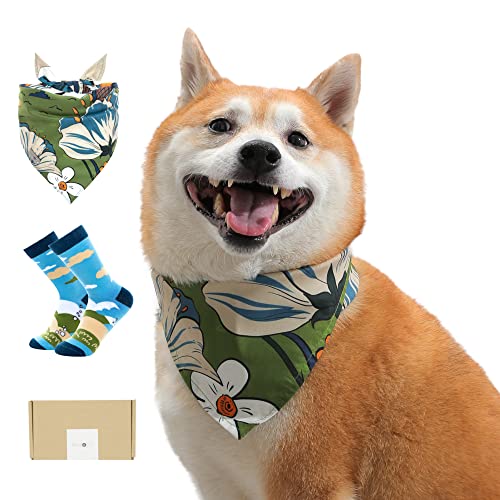 HI-HIXO Spring Sports Green Dog Bandanas Matching Owner Men Socks Set | Dog Scarf Bibs for Small Medium Large Dogs | Seasonal Dog Gifts