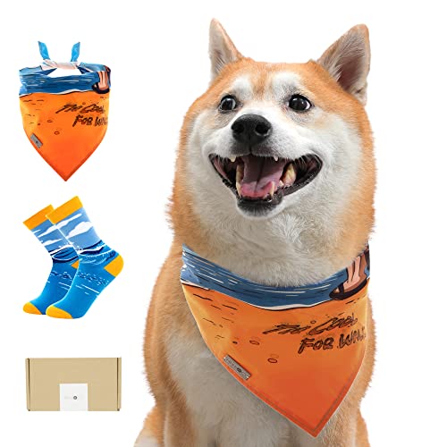 HI-HIXO Blue Dog and Owner Matching Set |Dog Bandanas and Men Socks Set | Original Designed Dog Scarf Bibs for Small Medium Large Dogs | Dog and Owner Friendship | Pet Lover Gifts