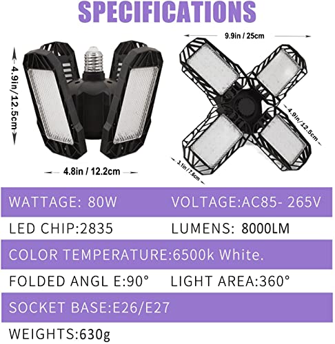 2-Pack LED Garage Lights 80W Garage Lighting - 8000LM 6500K Deformable LED Garage Ceiling Lights, LED Shop Light with Adjustable Multi-Position Panels, LED Light for Garage, Workshop, Basement