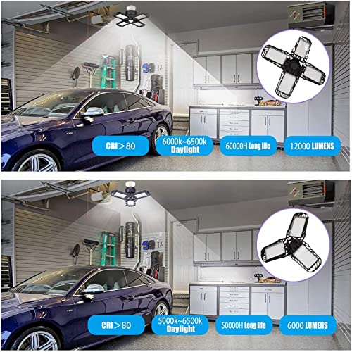 2-Pack LED Garage Lights 80W Garage Lighting - 8000LM 6500K Deformable LED Garage Ceiling Lights, LED Shop Light with Adjustable Multi-Position Panels, LED Light for Garage, Workshop, Basement