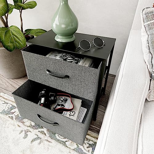 ODIKA Fabric Nightstand, Storage Dresser, End Table, Removable Bins, Blue Gray Bins, Black Base