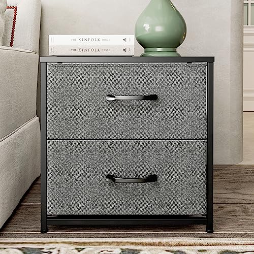 ODIKA Fabric Nightstand, Storage Dresser, End Table, Removable Bins, Blue Gray Bins, Black Base