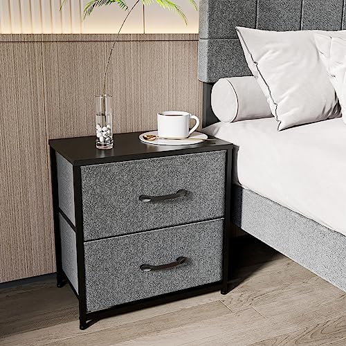 ODIKA Fabric Nightstand, Storage Dresser, End Table, Removable Bins, Blue Gray Bins, Black Base