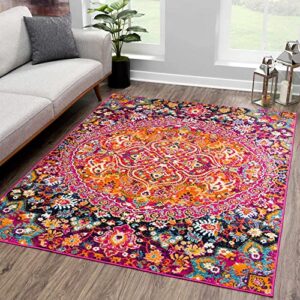 new marlboro oriental bohemian living room bedroom area rug - persian vintage medallion look - floral boho carpet - bright colorful - purple, red, orange, pink - 5'3" x 7'3"