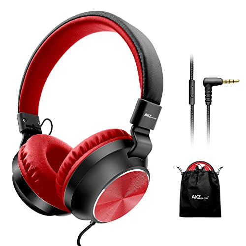 AKZ On-Ear Headphones with Microphone, Foldable Headphones with Tangle-Free Cord, Headphone with HD Sound, 3.5MM Jack, Portable Wired Headphones for School/Kids/Smartphones/Tablet/Travel (Red/Black)