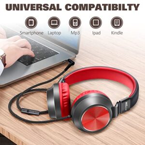 AKZ On-Ear Headphones with Microphone, Foldable Headphones with Tangle-Free Cord, Headphone with HD Sound, 3.5MM Jack, Portable Wired Headphones for School/Kids/Smartphones/Tablet/Travel (Red/Black)