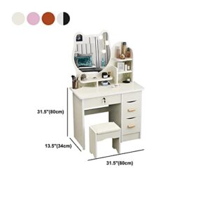 LITFAD 4 Drawers 31.5" Wide Vanity Set Nordic Wood Dressing Table Modern Vanity Table with Stool and Mirror - Pink Right Makeup Vanity, Mirror and Stools