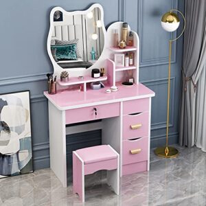 litfad 4 drawers 31.5" wide vanity set nordic wood dressing table modern vanity table with stool and mirror - pink right makeup vanity, mirror and stools