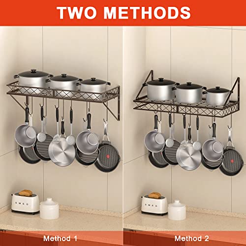 Skycarper Pot and Pan Rack Hanging Wall Mounted Organizer Multipurpose Holder with 10 Hooks, Bronze