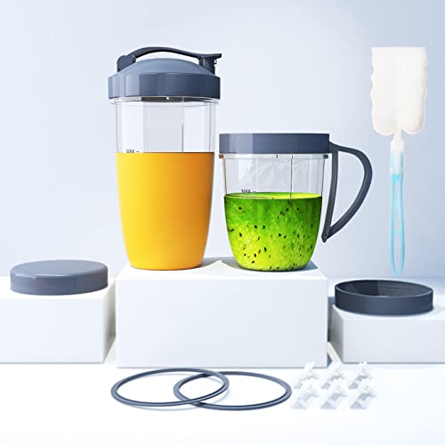 15 Piece Replacement Cup Set 24 OZ Tall Cup&18 OZ Short Cup with Handed Lip Ring and Flip-Top To-Go Lid and Stay-Fresh Resealable Lid Compatible with NutriBullet 600w and Pro 900w Blender Parts