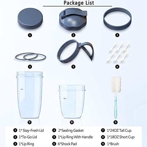 15 Piece Replacement Cup Set 24 OZ Tall Cup&18 OZ Short Cup with Handed Lip Ring and Flip-Top To-Go Lid and Stay-Fresh Resealable Lid Compatible with NutriBullet 600w and Pro 900w Blender Parts