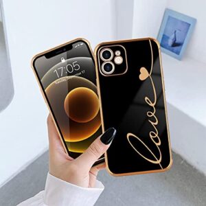 LCHULLE Designed for iPhone 12 Case Cute for Women Girls Luxury Plating Love Letter Soft TPU Phone Case Shockproof Anti-Scratch Full Camera Lens Protection Case Cover for iPhone 12(6.1 inch),Black