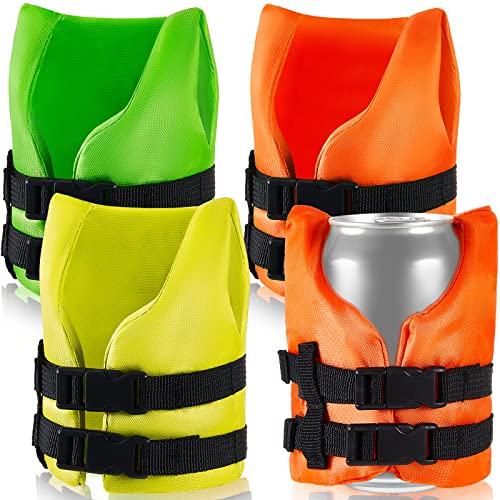 3 Pcs Puffer Jacket Cup Holder Life Vest Can Cooler Life Preserver Wine Bottle Cover Insulated Beverage Cooler Jacket Cover Cooler for Valentine Gift (Orange, Yellow and Fluorescent Green)