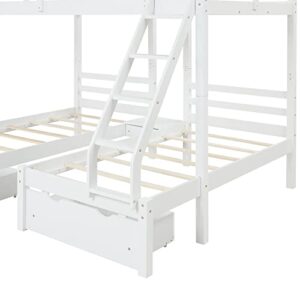 Triple Bunk Bed for Kids Teens,Can Be Separated Into 3 Full Over Twin & Twin Bunked Bedframe with Storage Drawer and Guardrails Wood for Living Room Bedroom,White