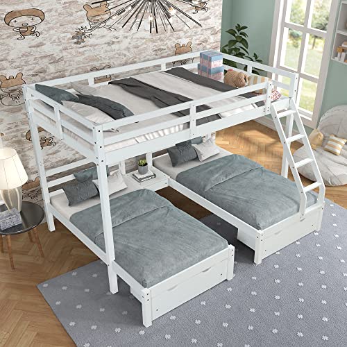 Triple Bunk Bed for Kids Teens,Can Be Separated Into 3 Full Over Twin & Twin Bunked Bedframe with Storage Drawer and Guardrails Wood for Living Room Bedroom,White