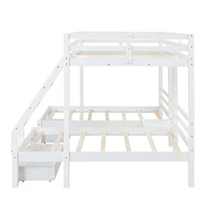 Triple Bunk Bed for Kids Teens,Can Be Separated Into 3 Full Over Twin & Twin Bunked Bedframe with Storage Drawer and Guardrails Wood for Living Room Bedroom,White